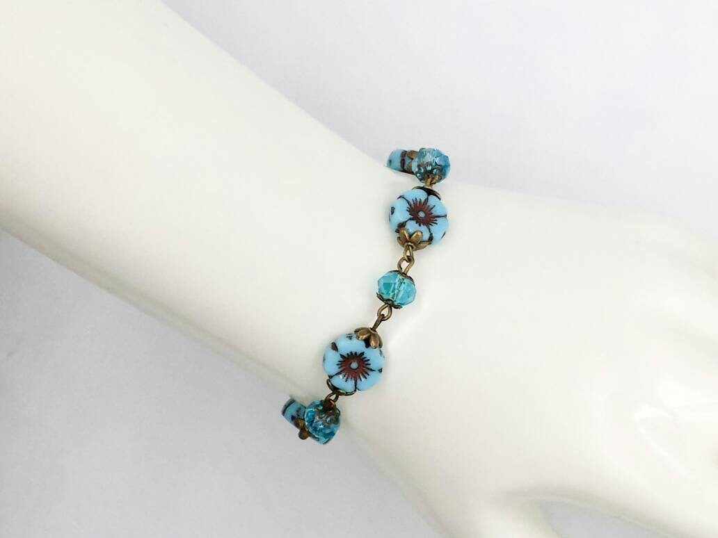 Blue Flower Bracelet Artisan Czech Flower Blue and Bronze - Etsy