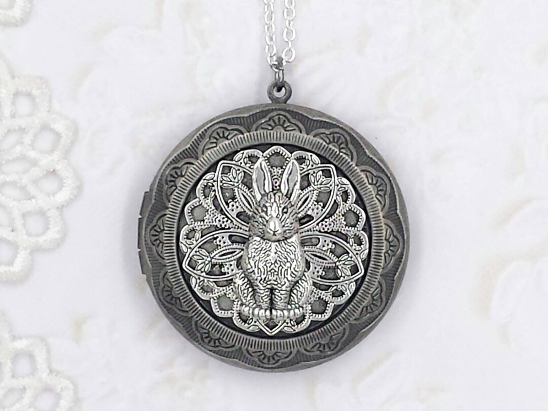 Rabbit Locket Bunny Necklace Hare Large Round Picture Locket Antiqued ...