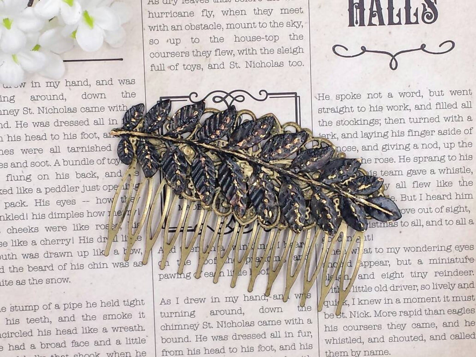Black and Gold Leaf Comb Black Branch Comb Black Patina Leaf | Etsy