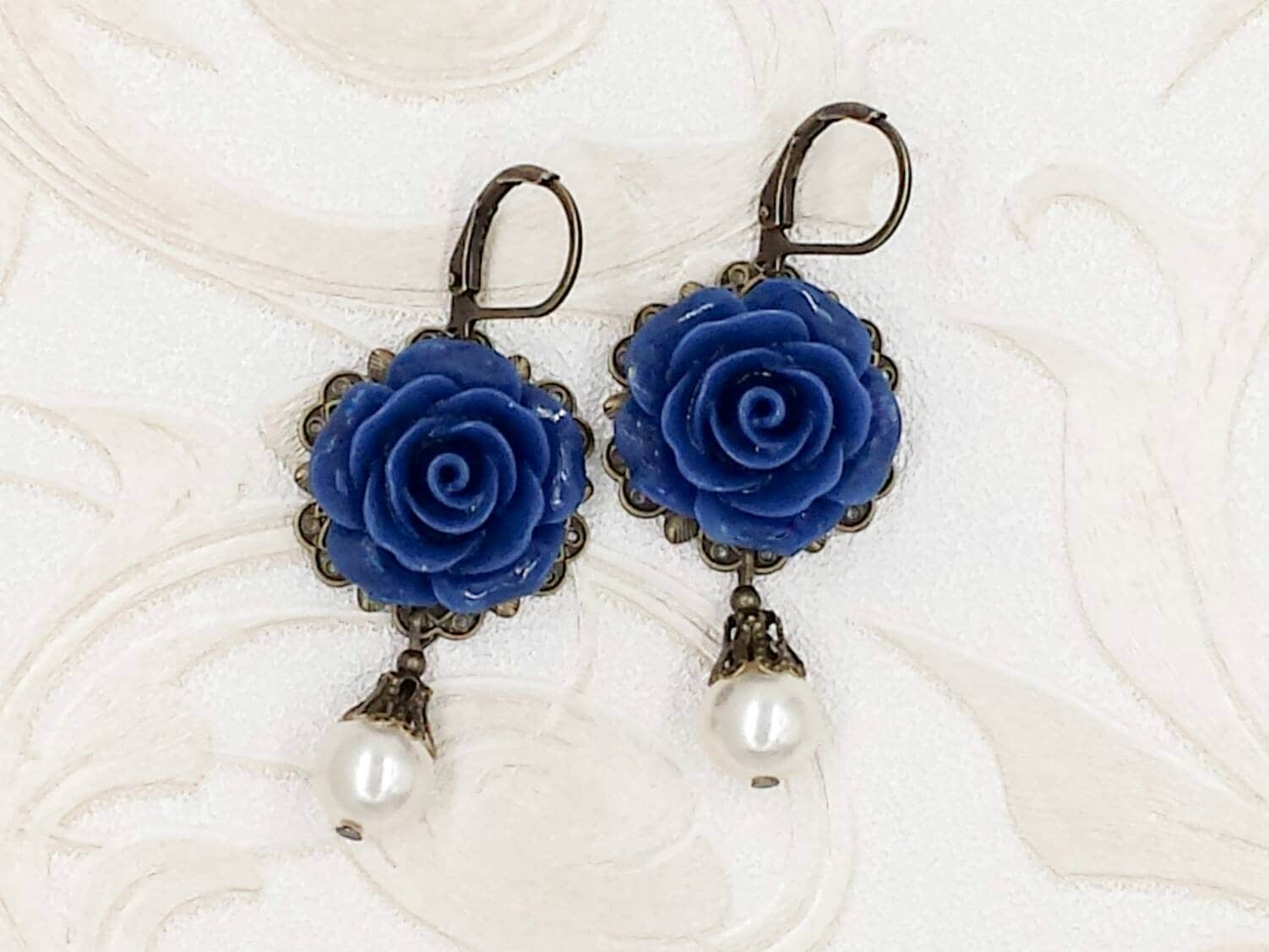 Navy Blue Rose Earrings Dark Blue Flower Cream White Pearl | Etsy
