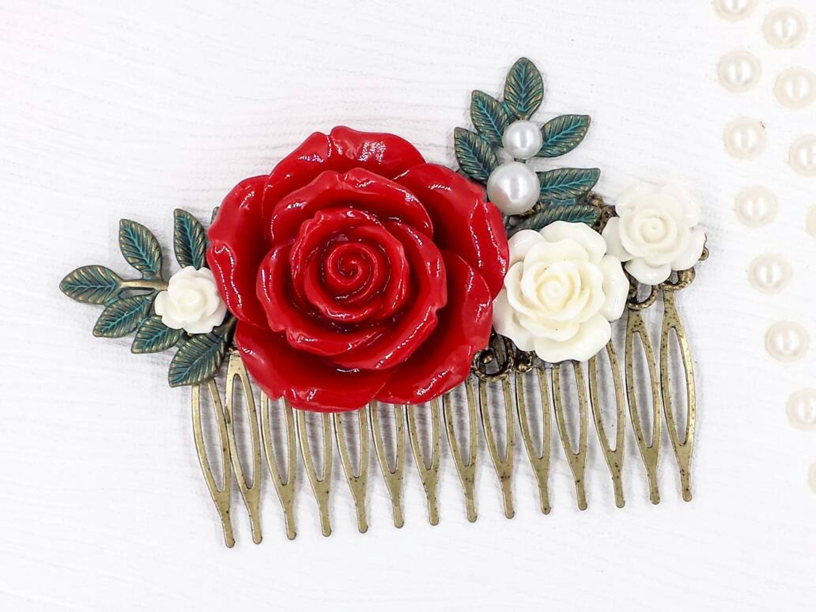 Red Wedding Hair Comb Red Rose Hair Comb Ivory White Flower | Etsy