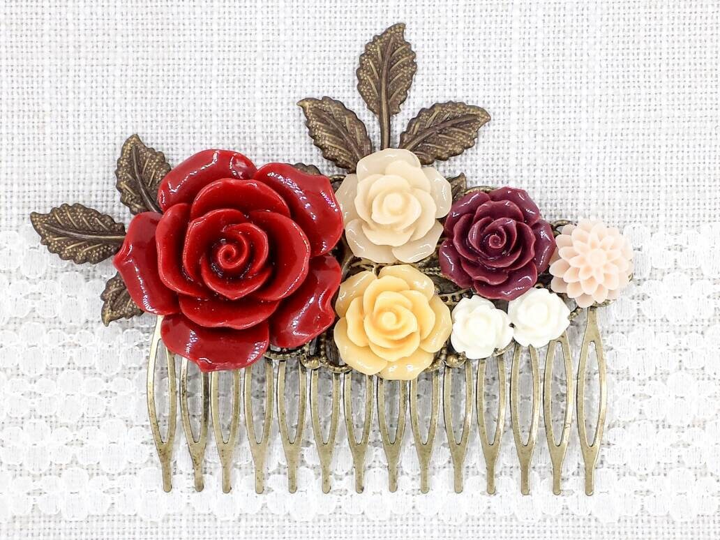 Red Wedding Hair Comb Red Rose Hair Comb Ivory Flower Burgundy | Etsy