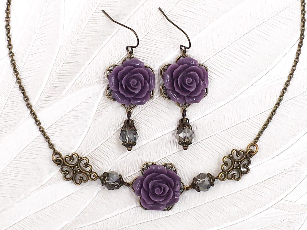 Purple Rose Necklace Violet Purple and Black Diamond Glass Crystal ...