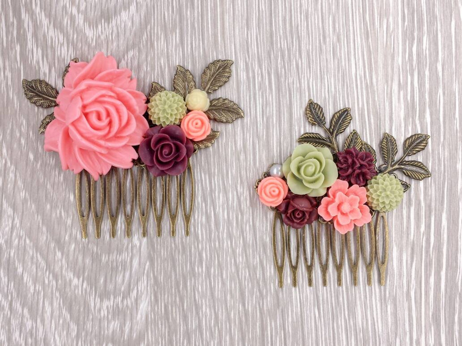 Pink Coral and Spring Green Hair Comb Pink Rose Decorative | Etsy