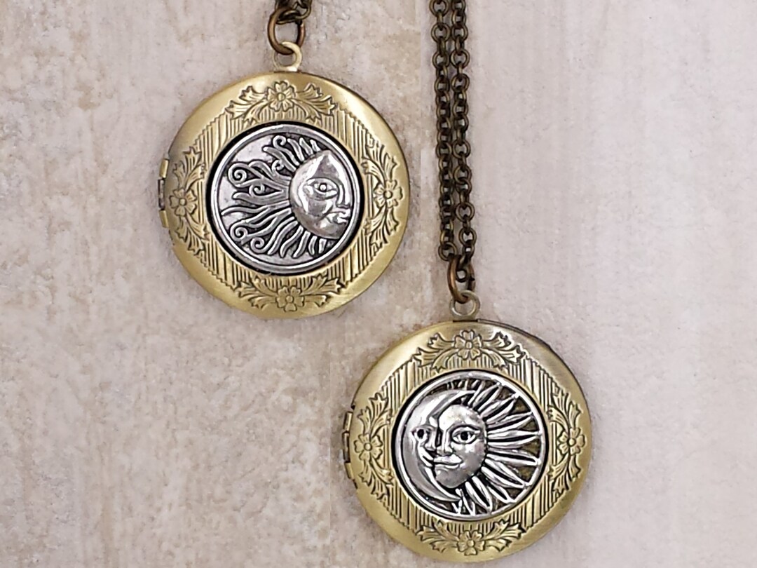 Celestial Locket Necklace Sun Locket Crescent Moon Locket Vintage Style ...