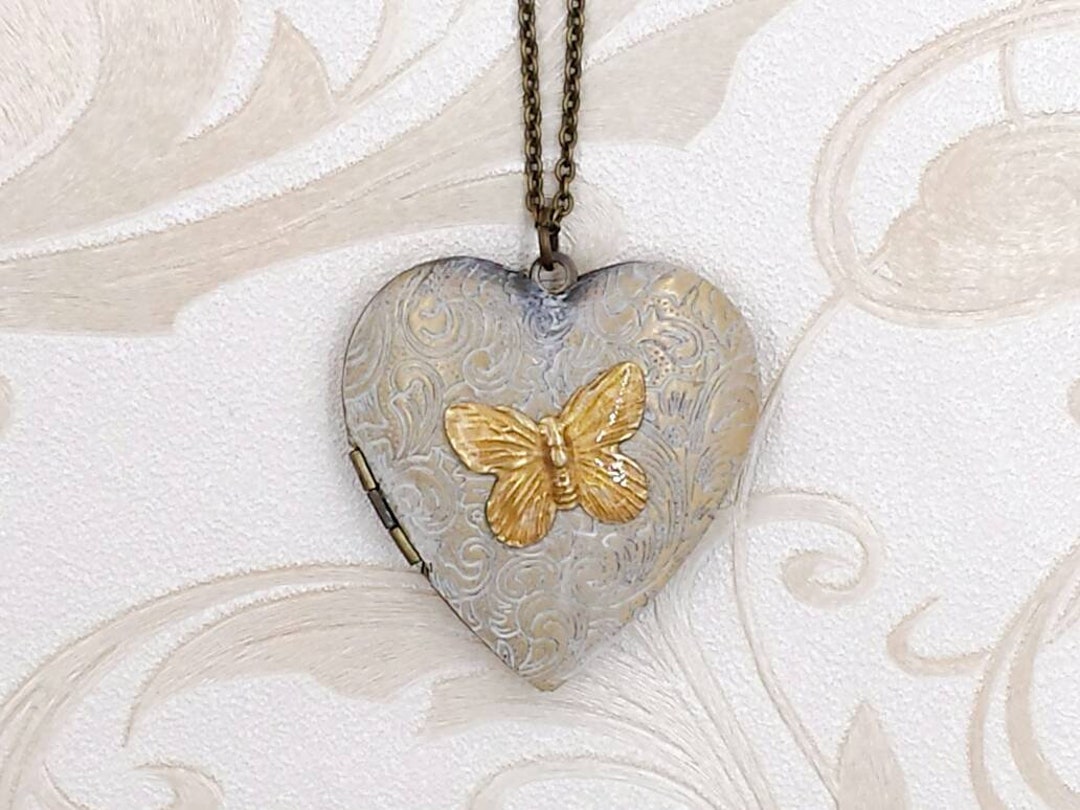 Large Heart Locket Rustic Patina White Wash Locket Gold Butterfly ...