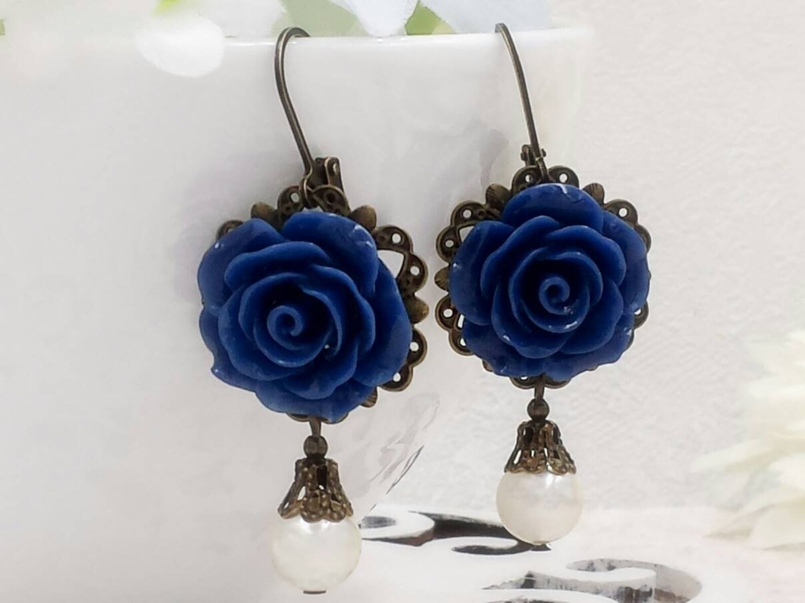 Navy Blue Rose Earrings Dark Blue Flower Cream White Pearl | Etsy
