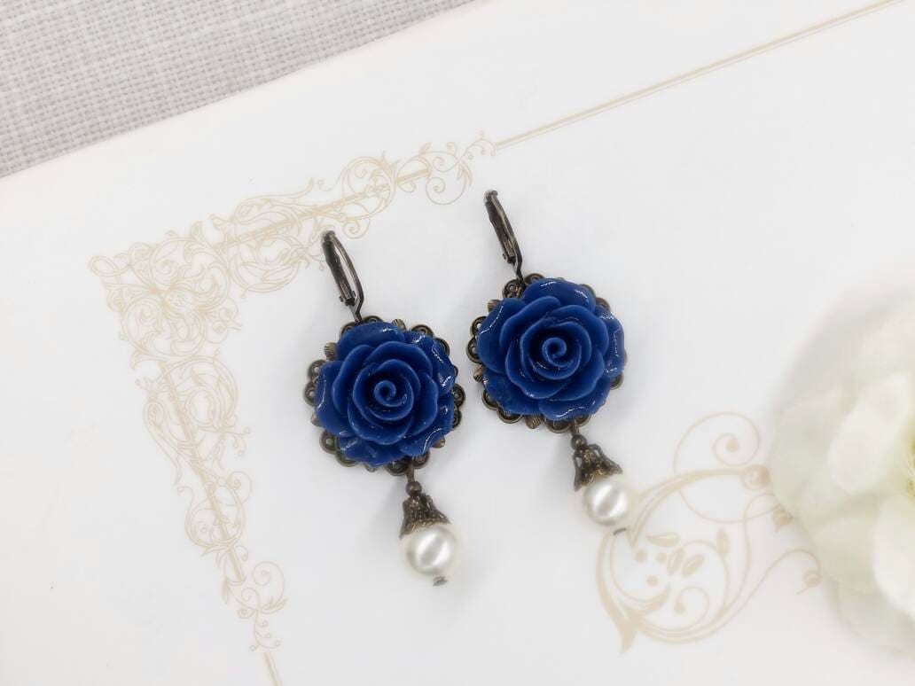 Navy Blue Rose Earrings Dark Blue Flower Cream White Pearl | Etsy