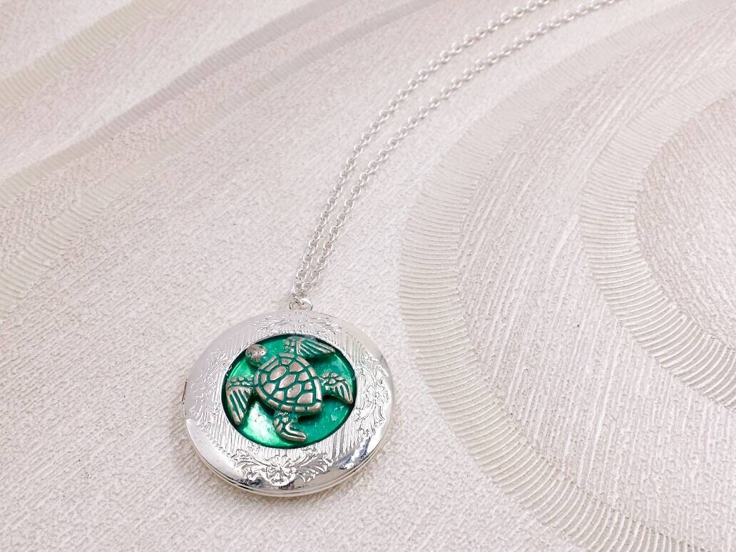 Turtle Locket Necklace- Seafoam Green Turquoise Ocean Reptile Jewelry ...