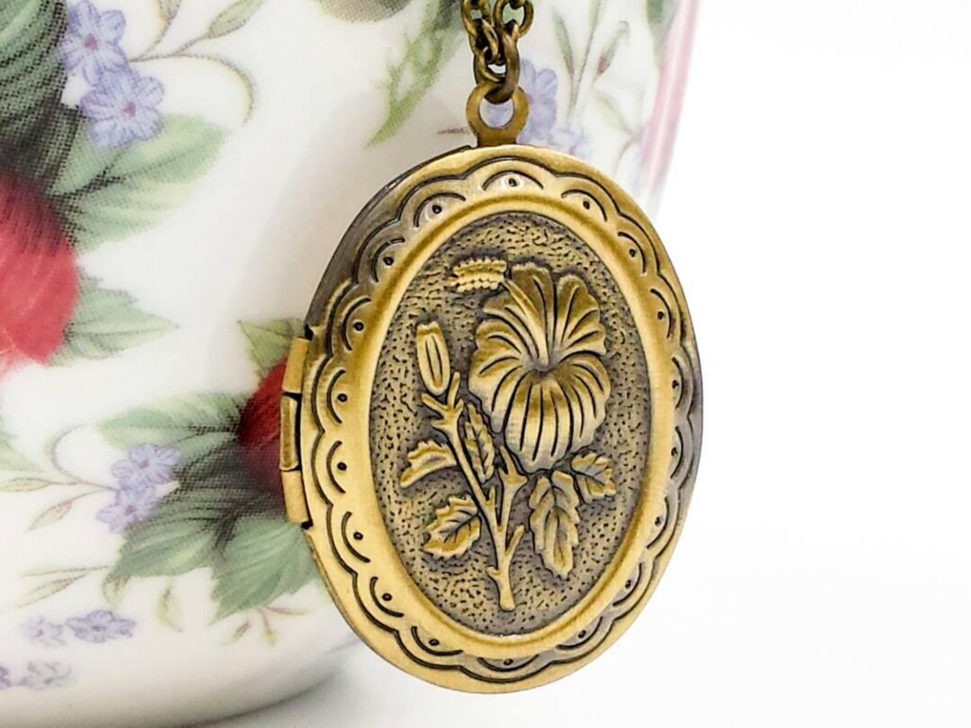 Floral Locket Necklace, Hibiscus Flower Picture Locket, Brass Locket ...