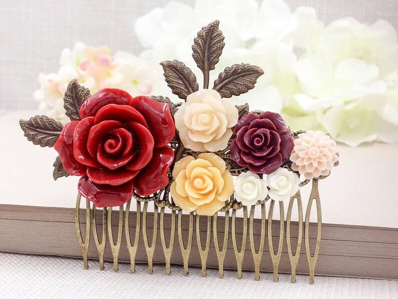 Red Wedding Hair Comb Red Rose Hair Comb Ivory Flower Burgundy - Etsy
