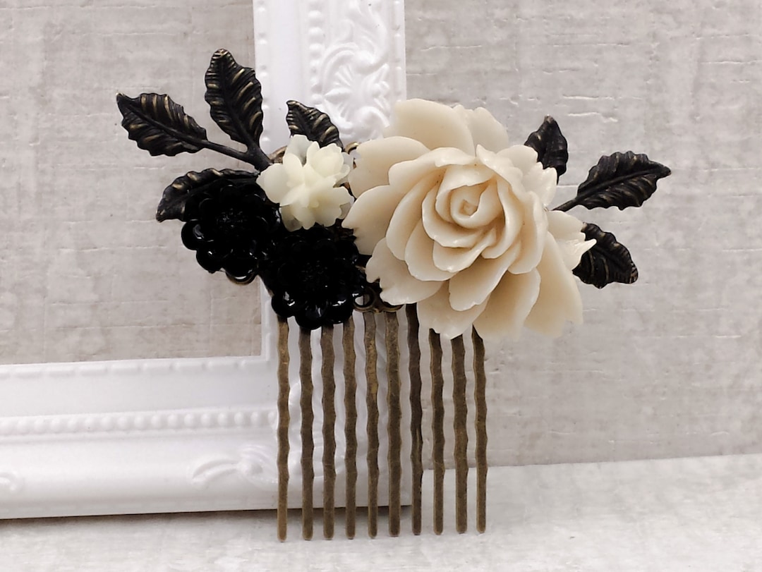 Black and White Ivory Rose Hair Comb Renaissance Wedding Floral Collage ...