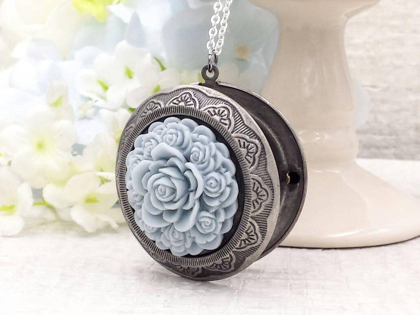 Blue Cameo Locket Necklace Blue Flower Locket Victorian Blue | Etsy