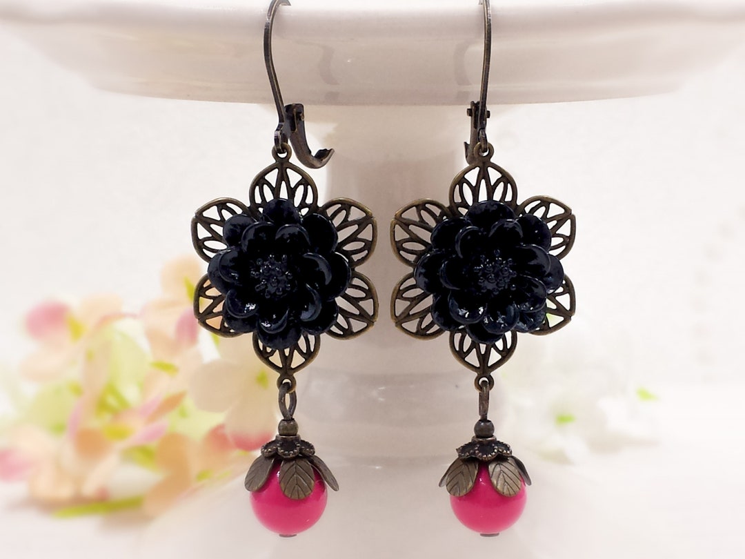 Black and Pink Earrings- Flower Vintage Style Jewelry Goth Wedding Ren ...