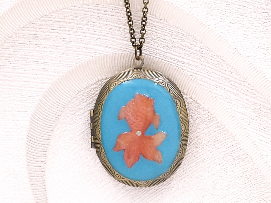 Fish Locket Necklace Goldfish Oval Picture Locket Red Fish in - Etsy
