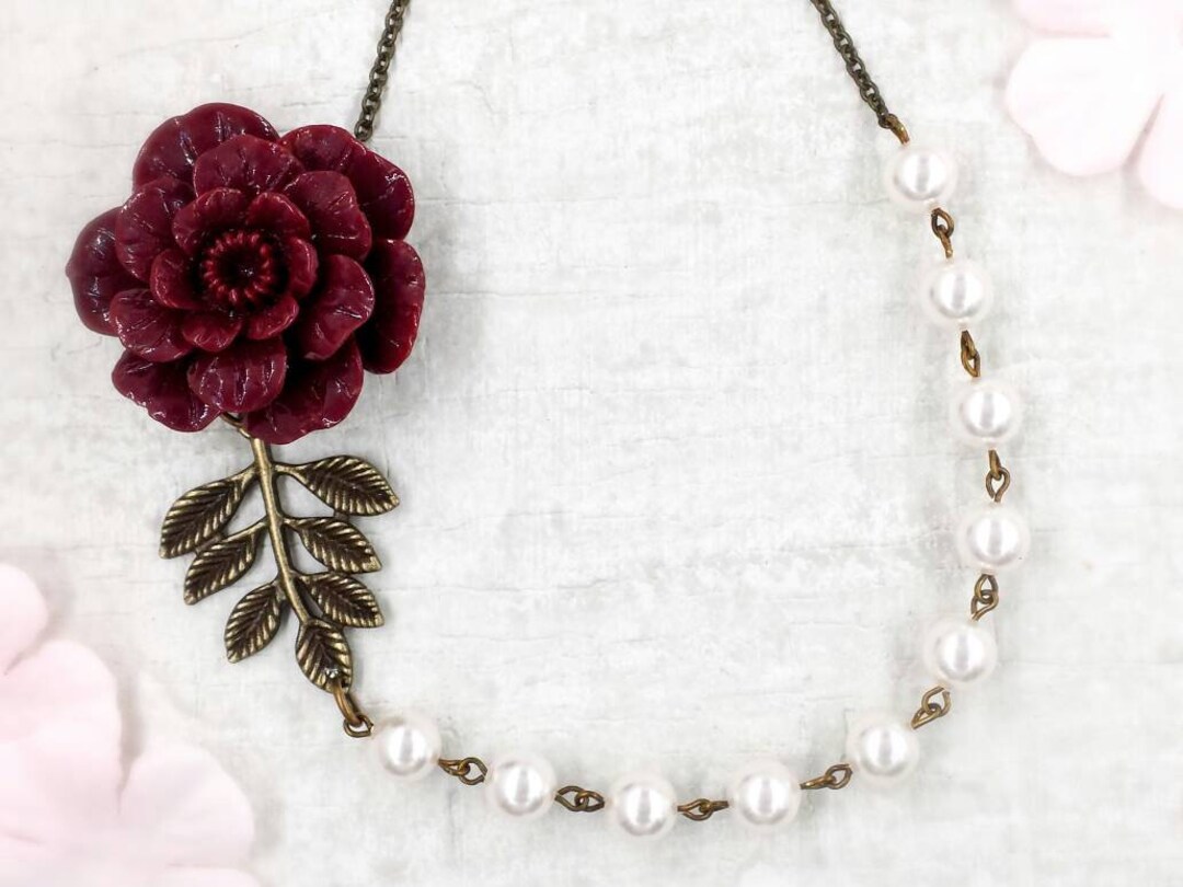 Dark Red Flower Necklace Burgundy Gardenia Rose Antiqued - Etsy