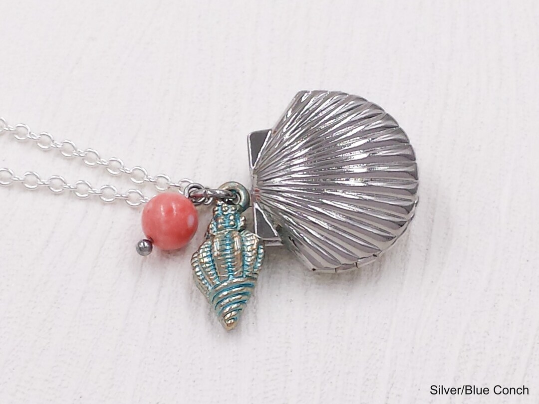 Seashell Locket Necklace Pink Coral Bead Sea Star Gold Sea Shell ...