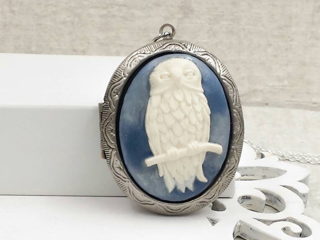 Owl Locket Bird Cameo Necklace Woodland Owl on Branch Large Oval ...