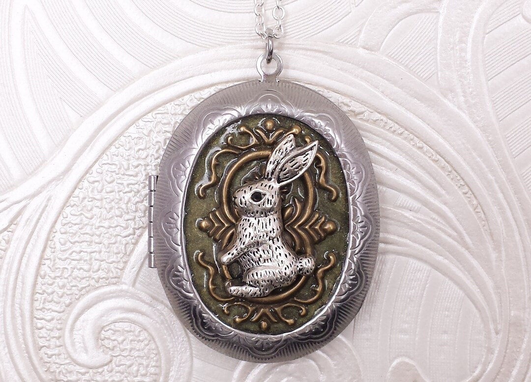 Rabbit Locket Antiqued Silver Hare Necklace Bunny Picture Keepsake Sage ...