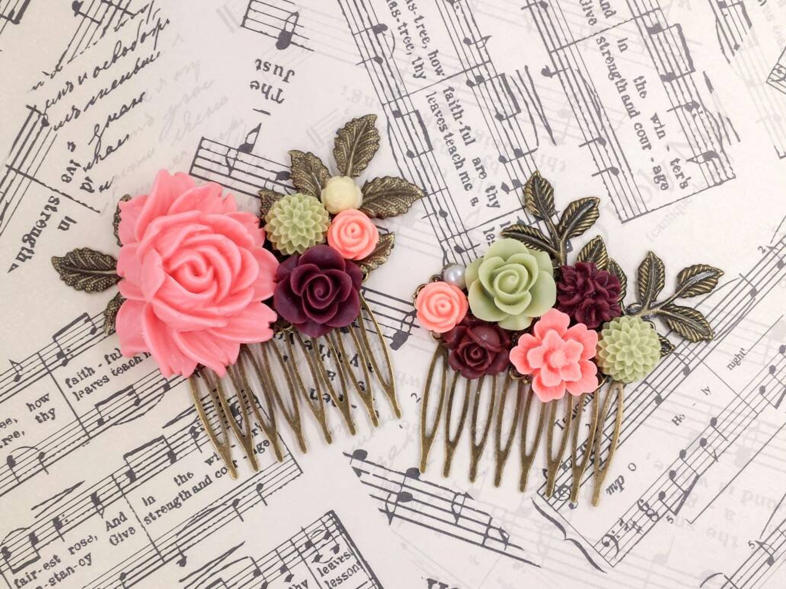 Pink Coral and Spring Green Hair Comb Pink Rose Decorative - Etsy