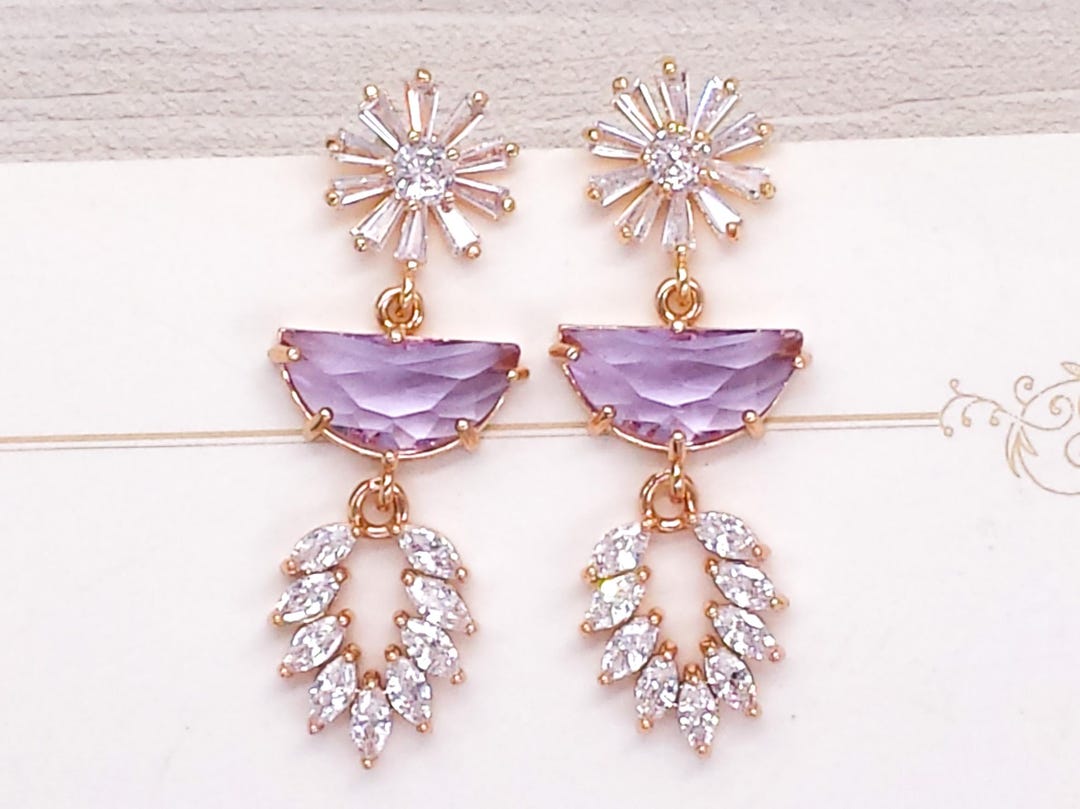 Flower Earrings- Purple Lavender Flower Glass Crystal Leaf Boho ...