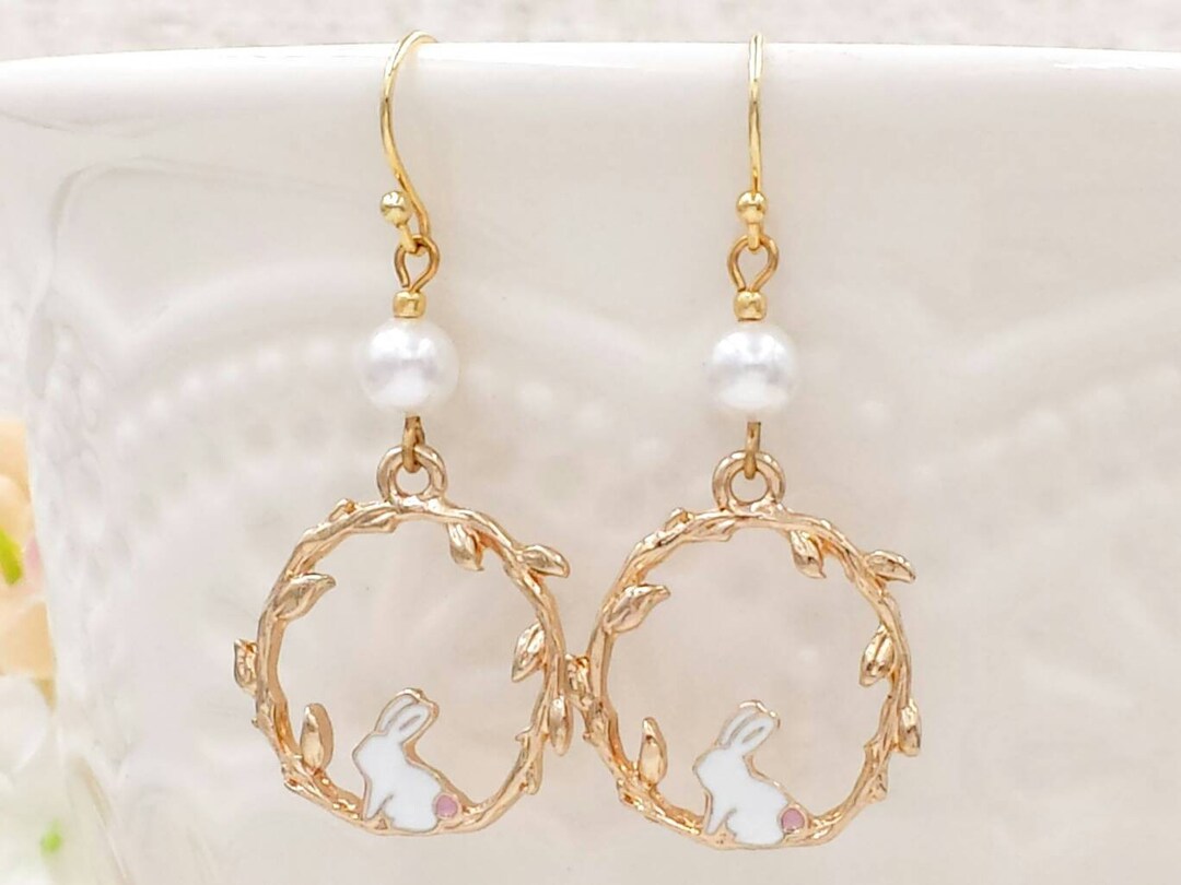 Rabbit Earrings Gold Leaf Branch Earrings Bunny Earrings White Rabbit ...