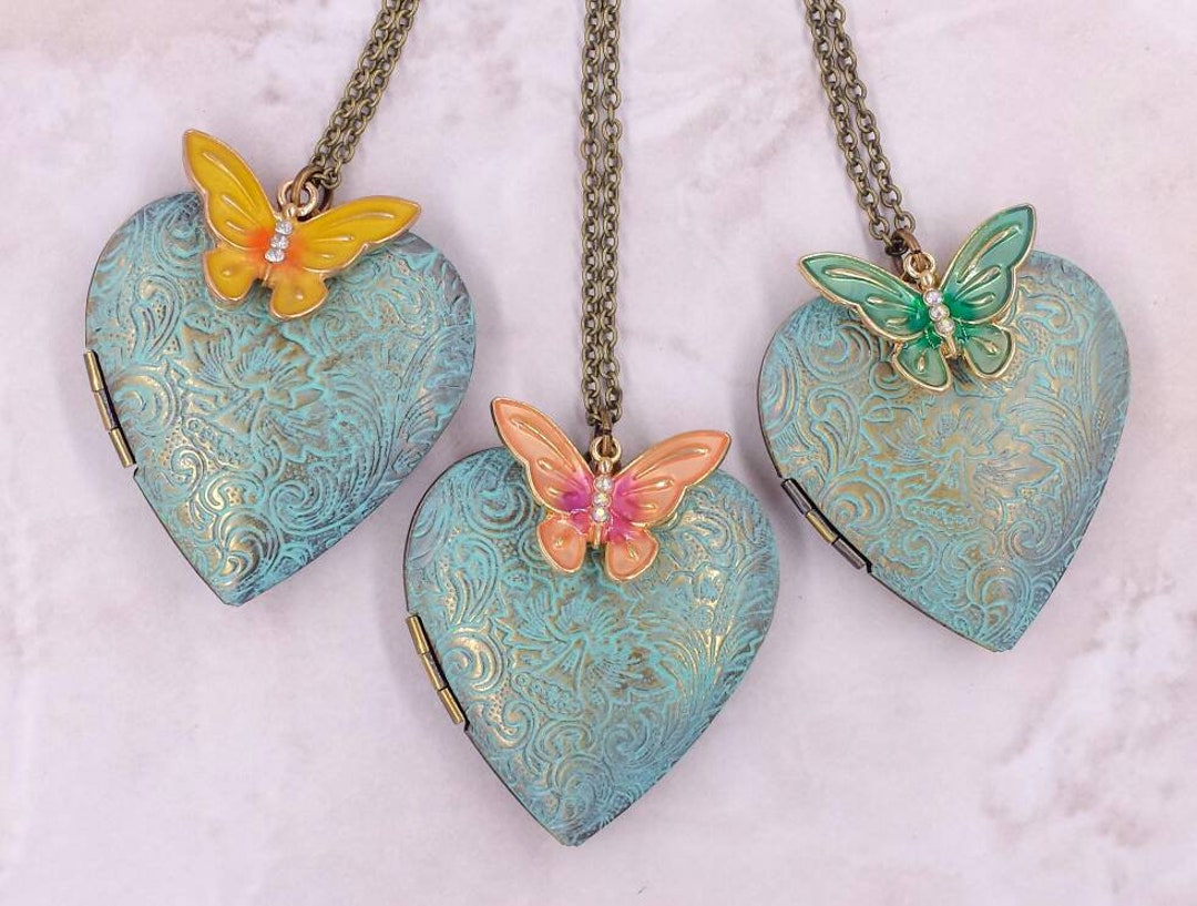 Patina Heart Butterfly Locket 3 Colors Large Heart Locket Floral Locket ...