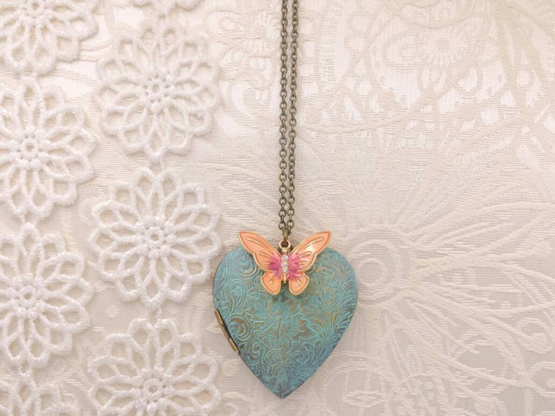 Patina Heart Butterfly Locket 3 Colors Large Heart Locket - Etsy