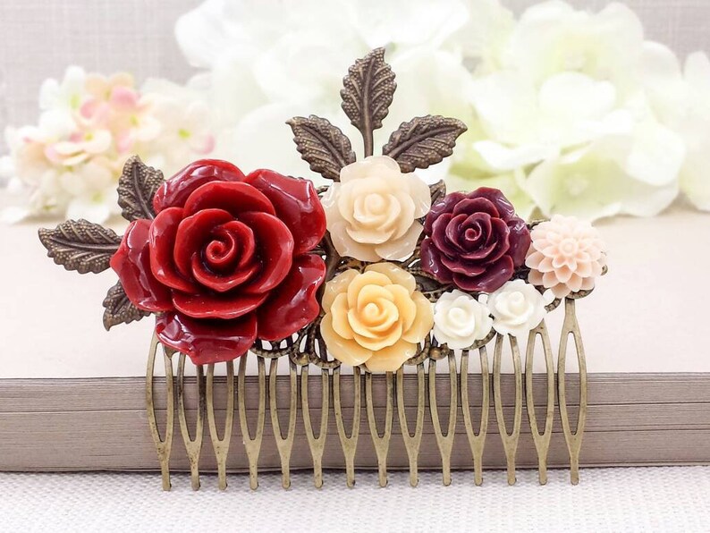 Red Wedding Hair Comb Red Rose Hair Comb Ivory Flower Burgundy - Etsy