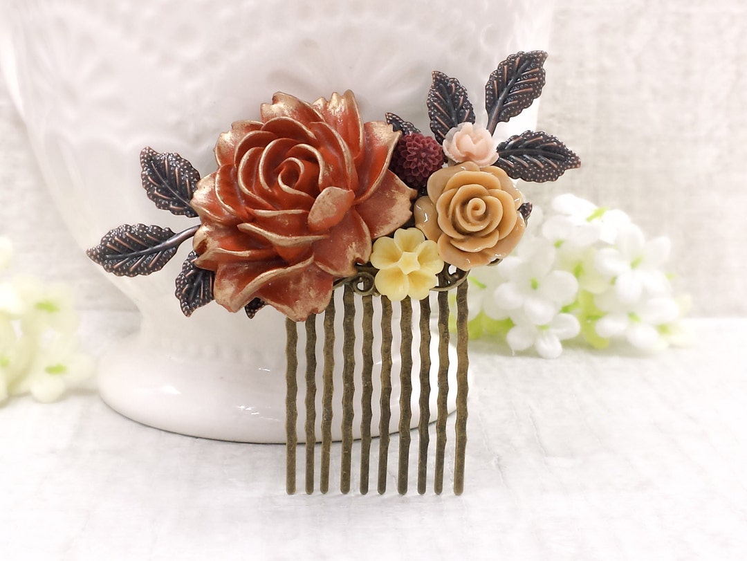 Burnt Orange Rose Comb- Autumn Wedding Copper Leaf Branch Hand Painted ...