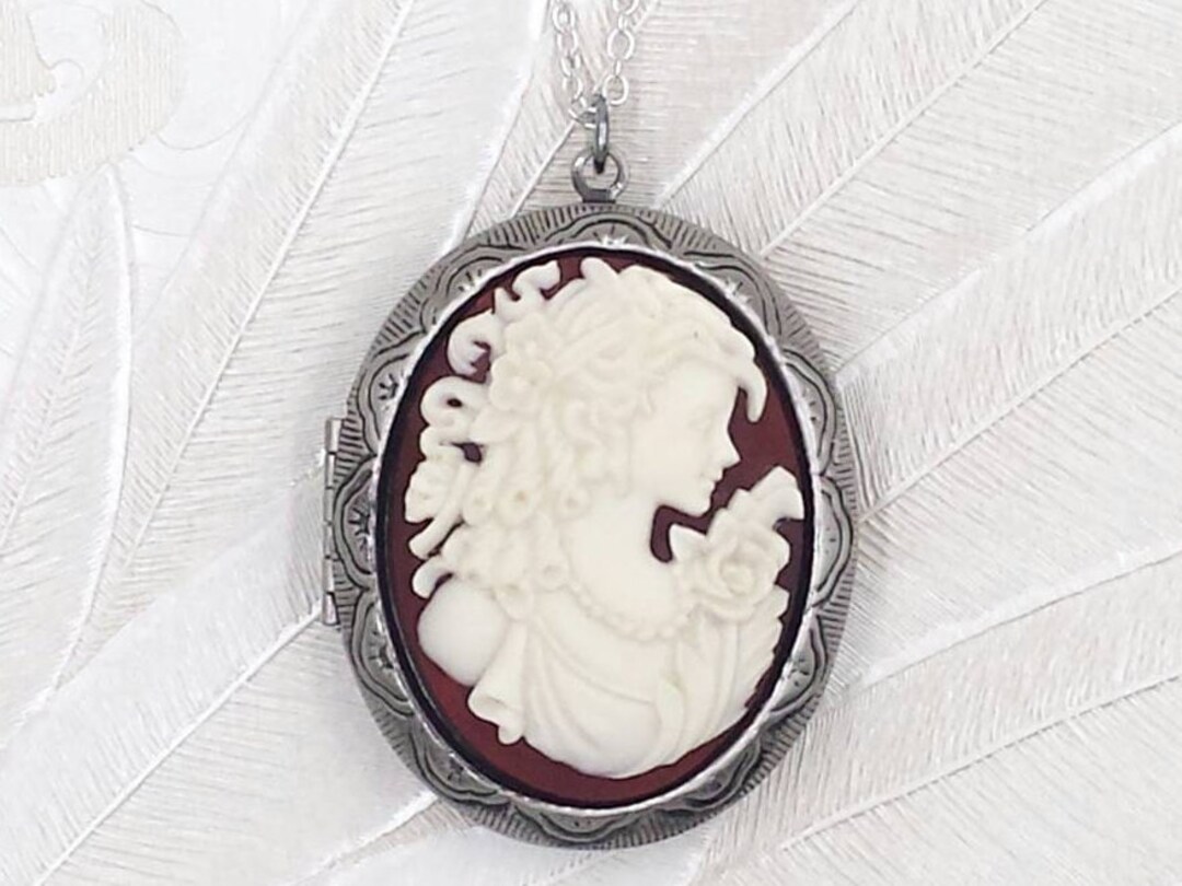 Lady Cameo Locket Ivory and Red Cameo Necklace Romantic Victorian Style ...
