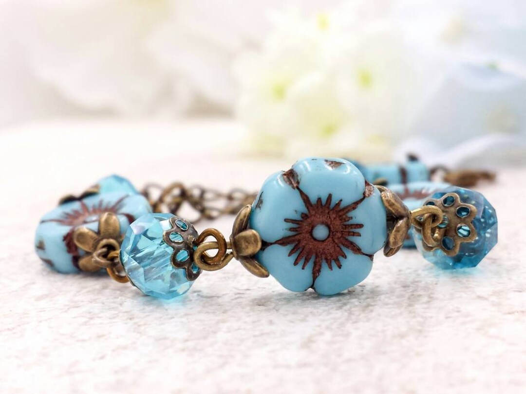 Blue Flower Bracelet Artisan Czech Flower Blue and Bronze - Etsy