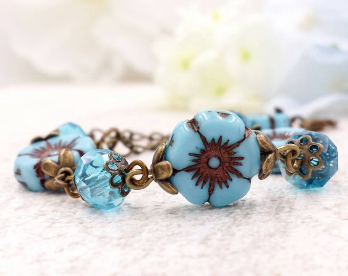 Blue Flower Bracelet, Artisan Czech Flower Blue and Bronze Adjustable ...