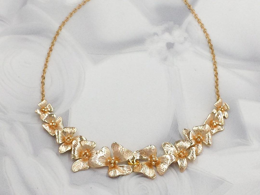 Gold Flower Statement Necklace Shinny Gold Dogwood Necklace Orchid Wedding Jewelry Anniversary ...