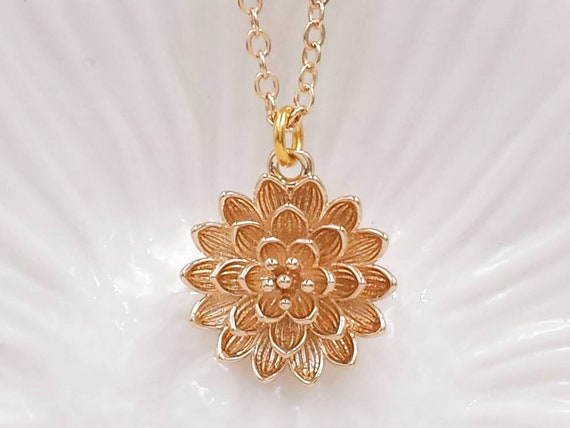 Dahlia Necklace Gold Floral Pendant Chrysanthemum Louts Necklace Botanical Flower Jewelry Set Wedding Anniversary Birthday Prom Gift Etsy