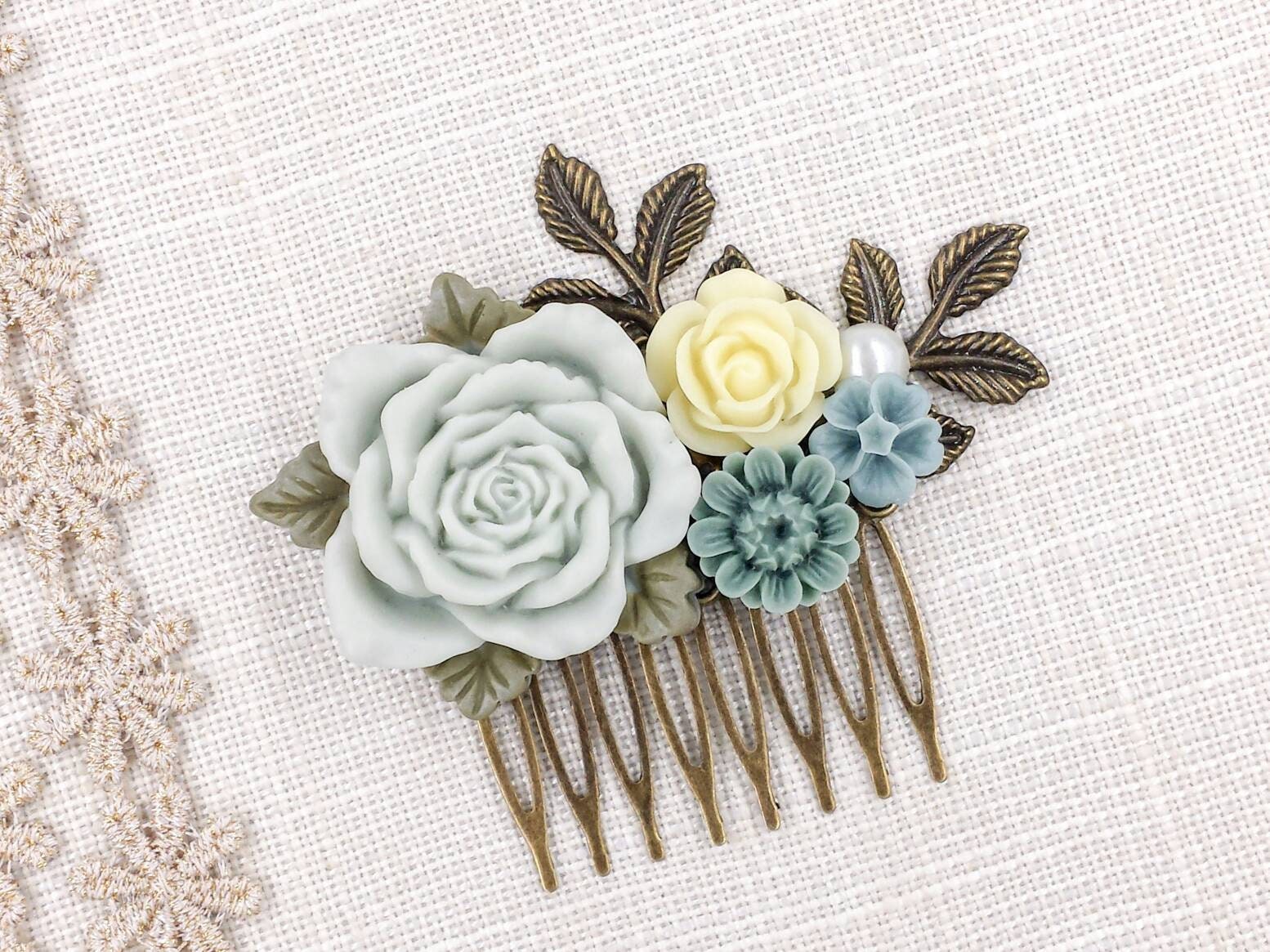 Powder Blue Comb Dusty Blue Flower Hair Comb Ivory and Blue | Etsy