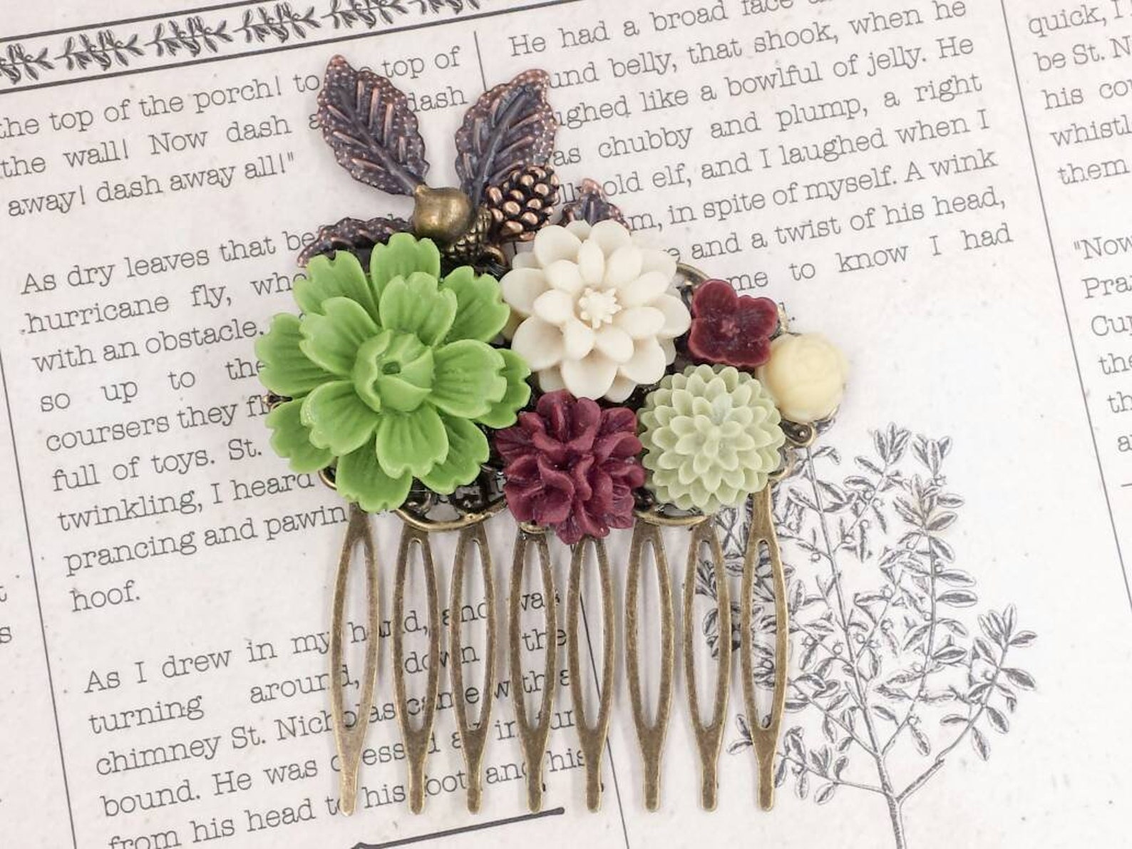 Olive Green Floral Comb Pine Cone Acorn Hair Comb Sage and | Etsy