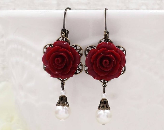 Red Rose Earrings Burgundy Deep Red Flower Earrings Cream White Crystal Pearl Drop Leverback ...