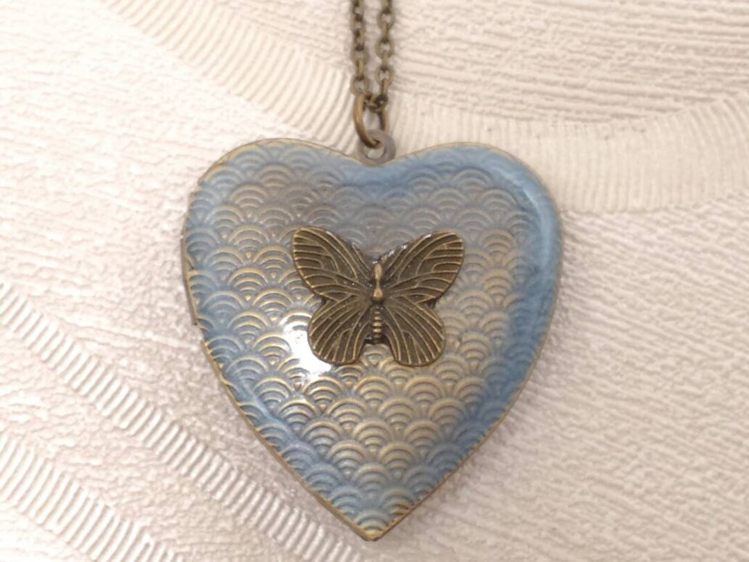 Ocean Butterfly Heart Locket Necklace Sea Blue Wave Heart Necklace Boho ...