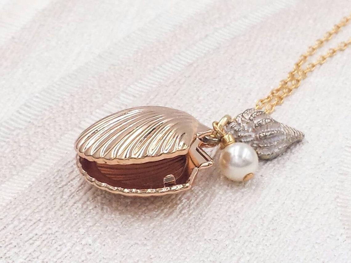 Seashell Locket Necklace Gold Sea Shell Pendant Necklace | Etsy