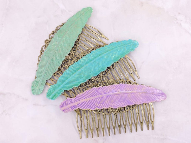 Feather Comb 3 Colors Verdigris Patina Large Feather Hair - Etsy