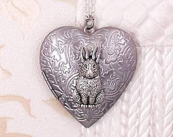 Silver Rabbit Locket Floral Bunny Antique Silver Locket Hare Keepsake ...