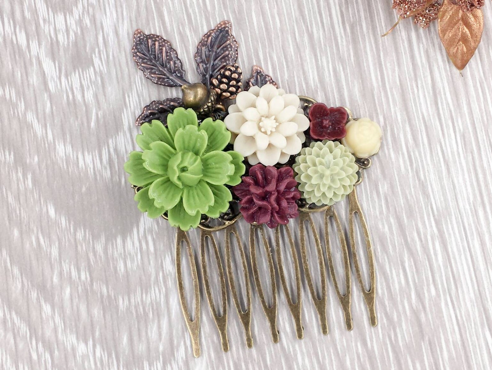 Olive Green Floral Comb Pine Cone Acorn Hair Comb Sage and | Etsy