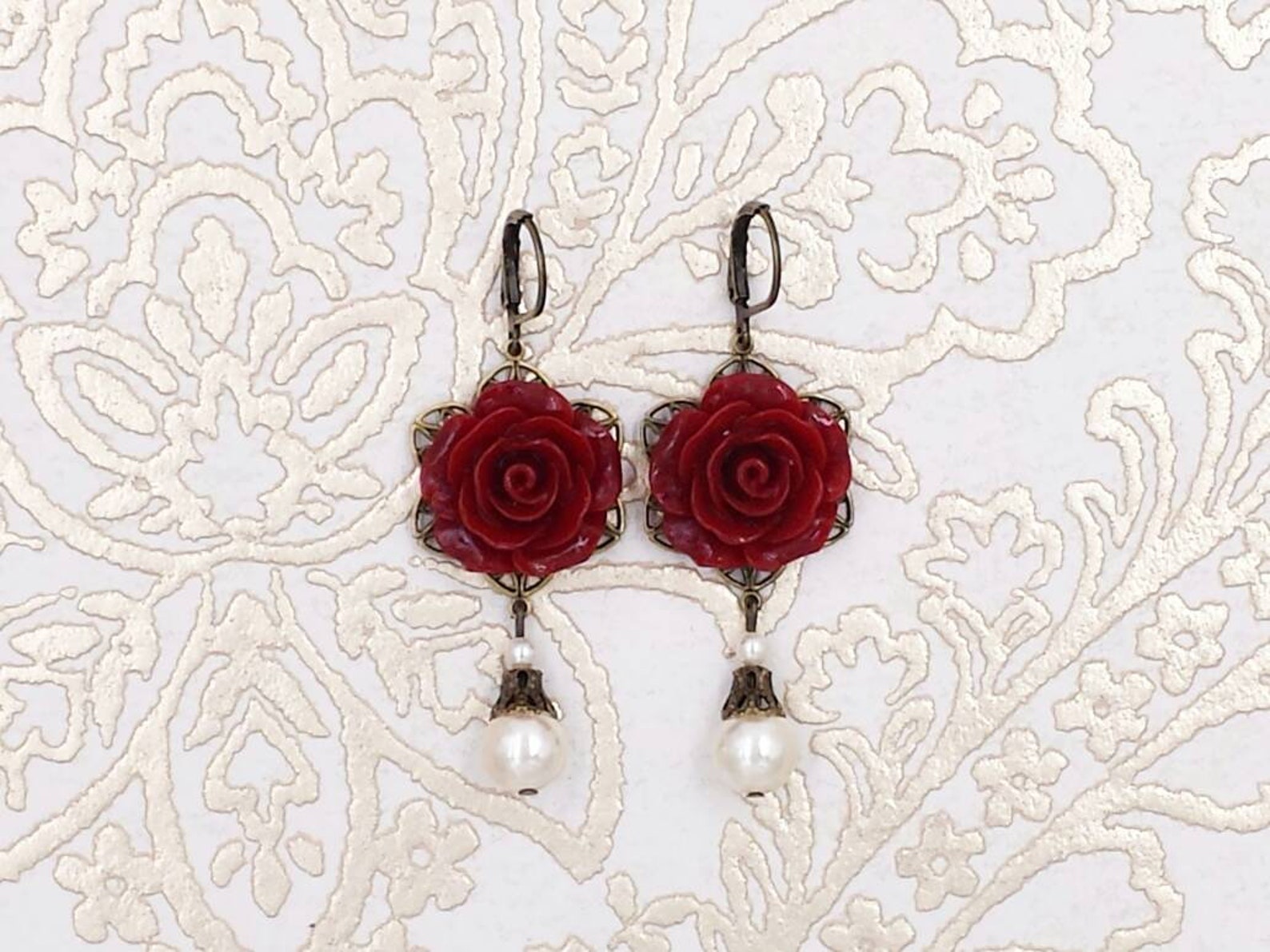 Red Rose Necklace Burgundy Deep Red Flower Jewelry Set - Etsy