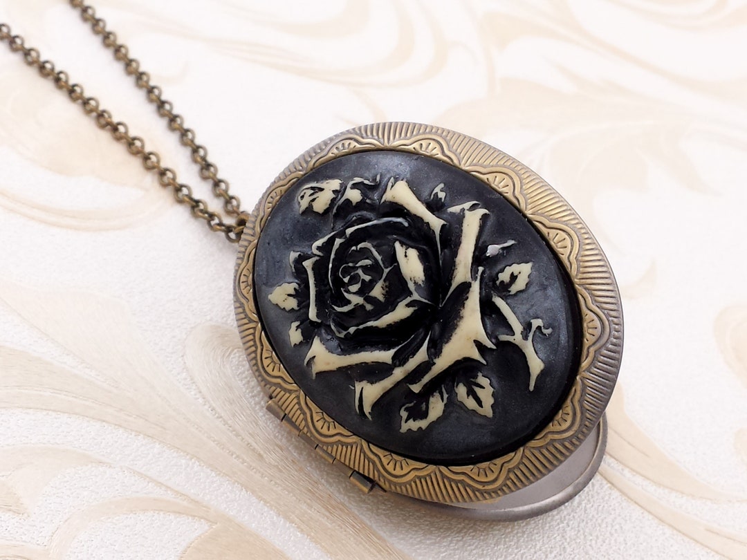 Black Rose Locket Necklace- Victorian Flower Gothic Wedding Big Cameo ...