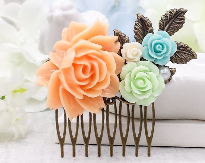 Mint Green and Peach Flower Hair Comb Sweet Peach Rose Haircomb ...