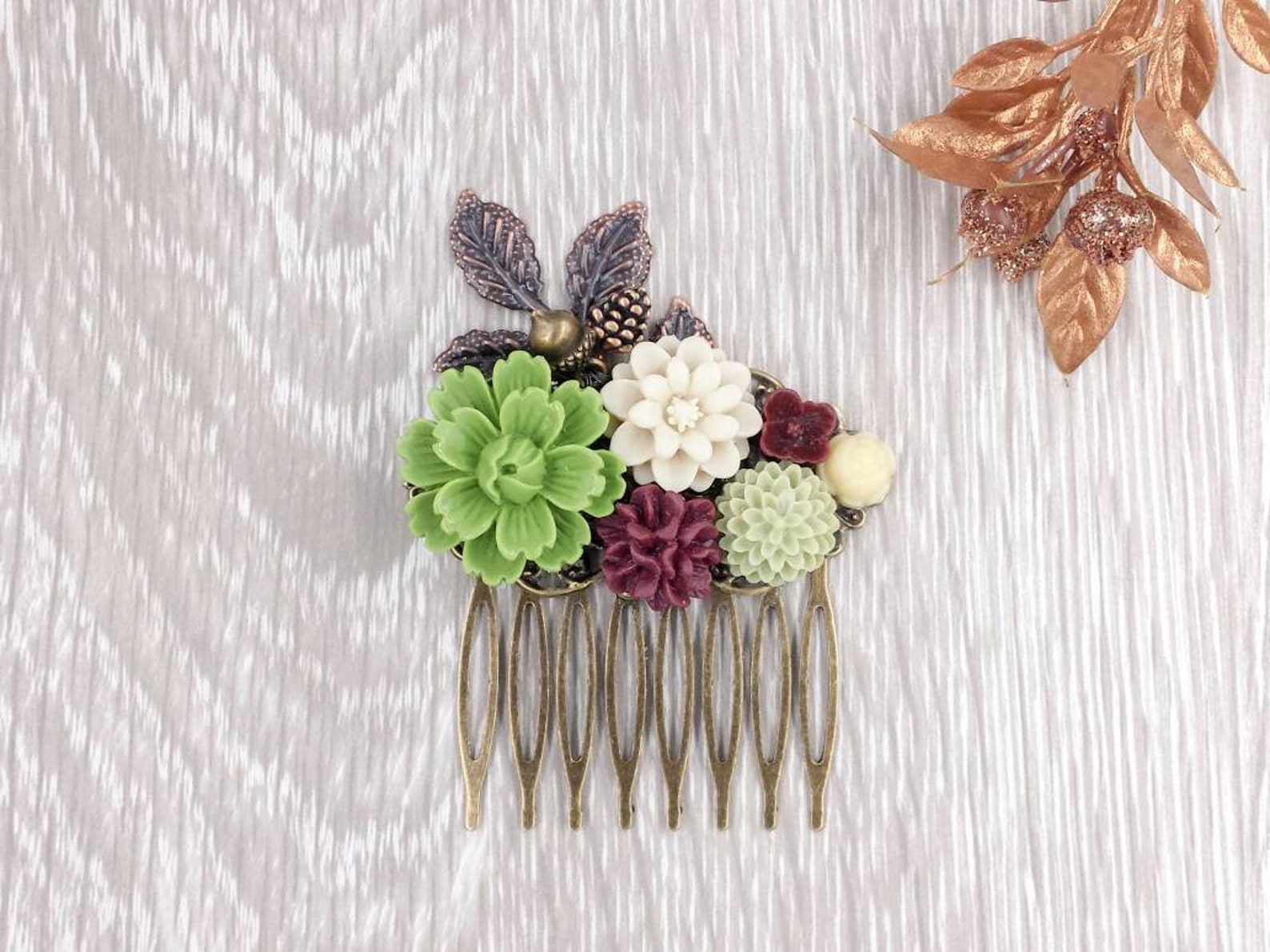 Olive Green Floral Comb Pine Cone Acorn Hair Comb Sage and | Etsy