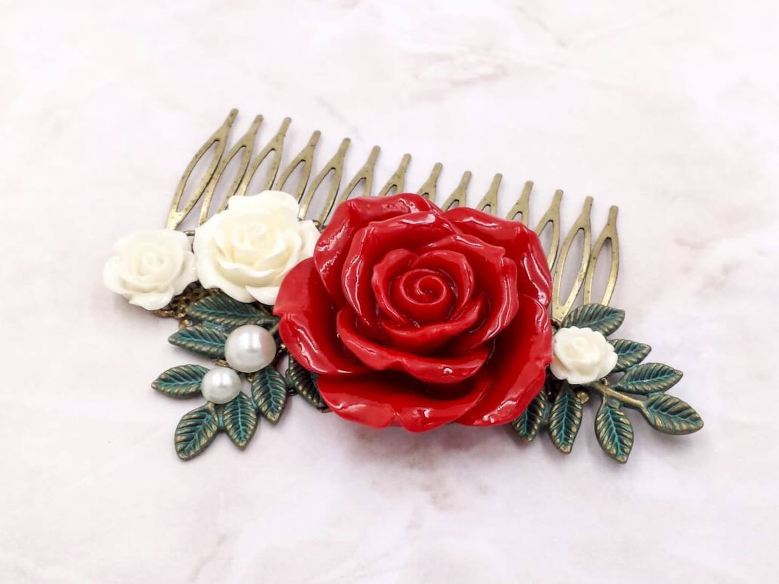 Red Wedding Hair Comb Red Rose Hair Comb Ivory White Flower | Etsy