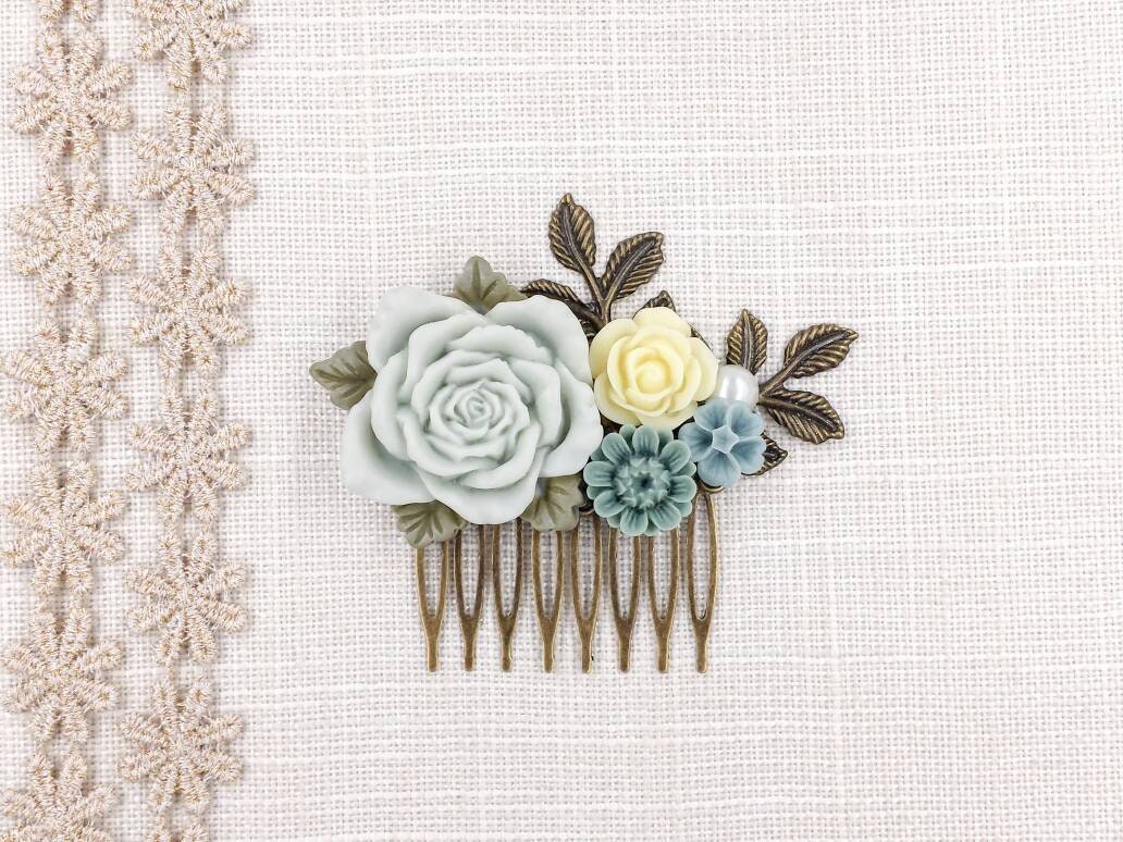 Powder Blue Comb Dusty Blue Flower Hair Comb Ivory and Blue | Etsy