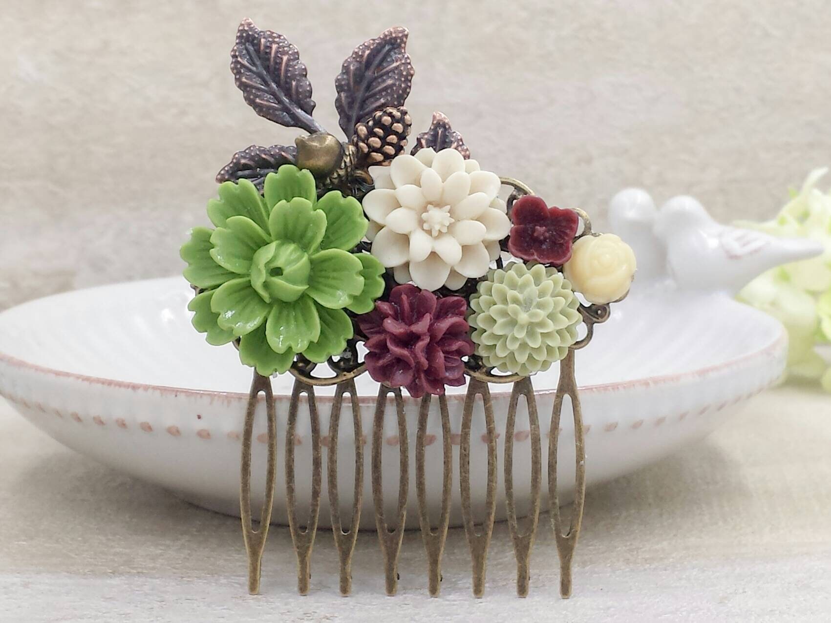 Olive Green Floral Comb Pine Cone Acorn Hair Comb Sage and | Etsy